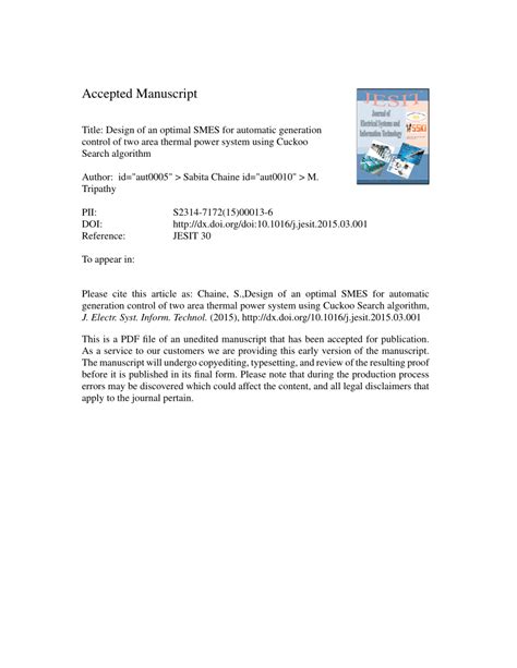 pdf design of an optimal smes for automatic generation control of two area thermal power