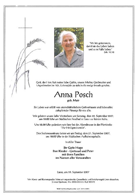 Todesanzeige Anna Posch Trauer Link