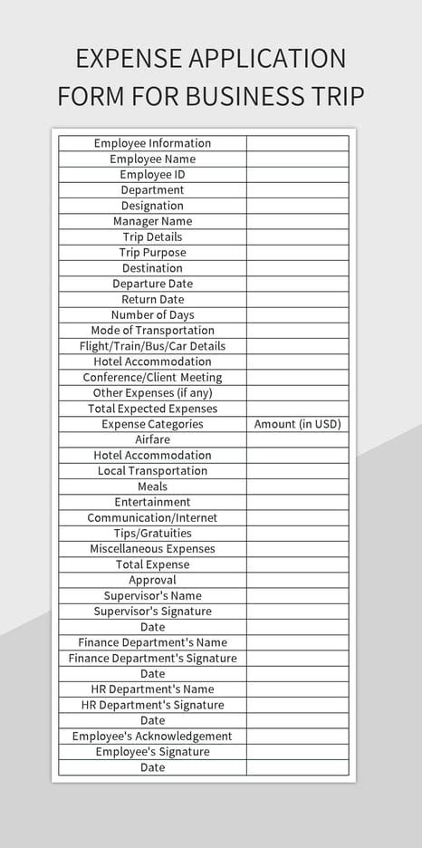 Expense Application Form For Business Trip Excel Template And Google