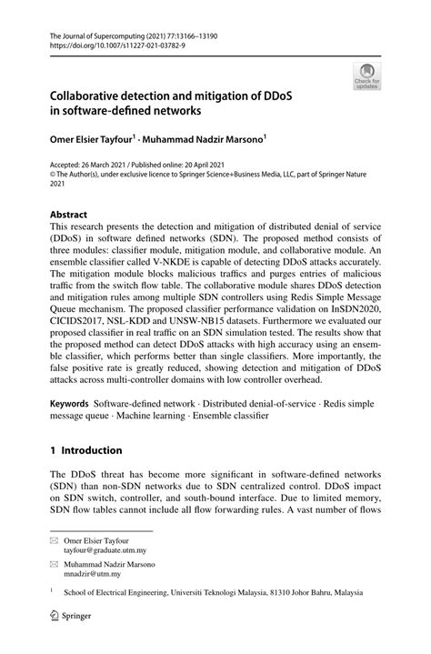 pdf collaborative detection and mitigation of ddos in software defined networks