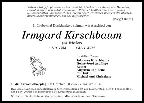 Traueranzeigen Von Irmgard Kirschbaum Rz Trauer De