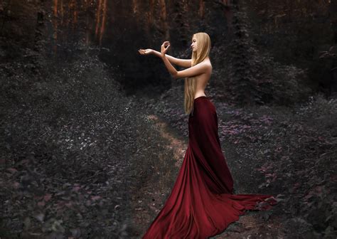 Wallpaper Model Blonde Long Hair Covered Boobs Skirt Forest