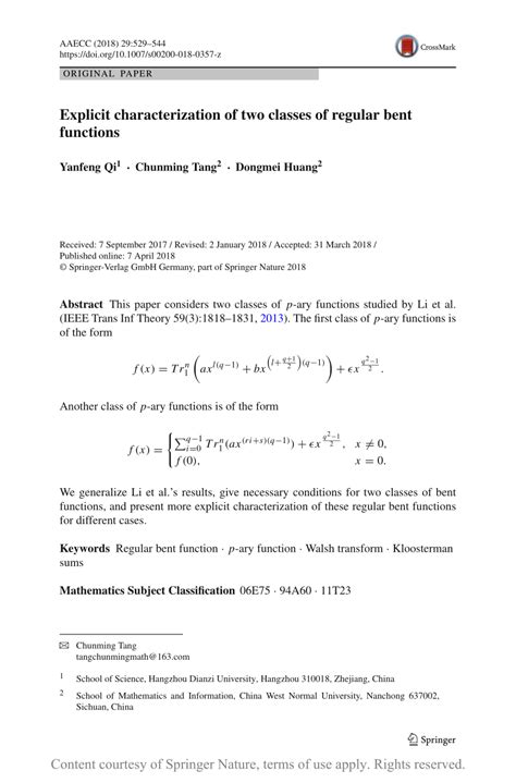 explicit characterization of two classes of regular bent functions request pdf