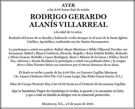 Rodrigo Gerardo Alanís Villarreal Obituario Esquela