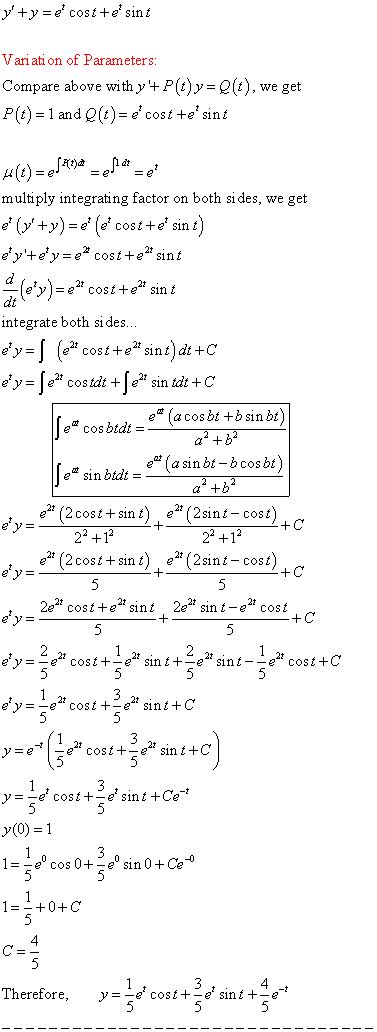 differential equations solved examples solve the ivp y y e t cos t e t sin t with