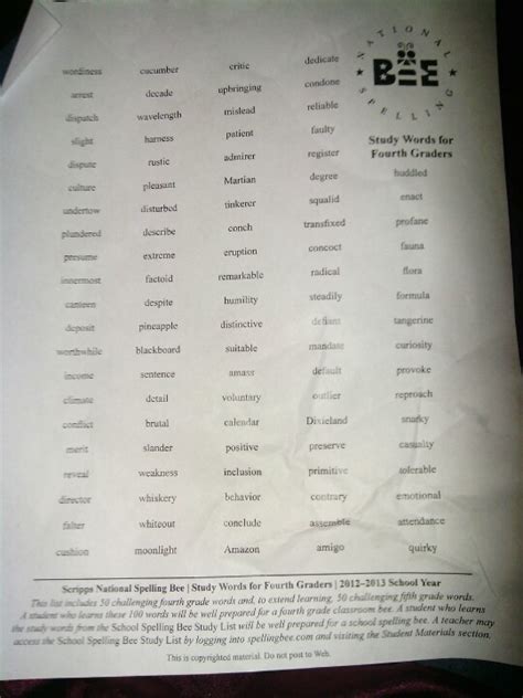 Spelling Bee Words List For Fourth Grade