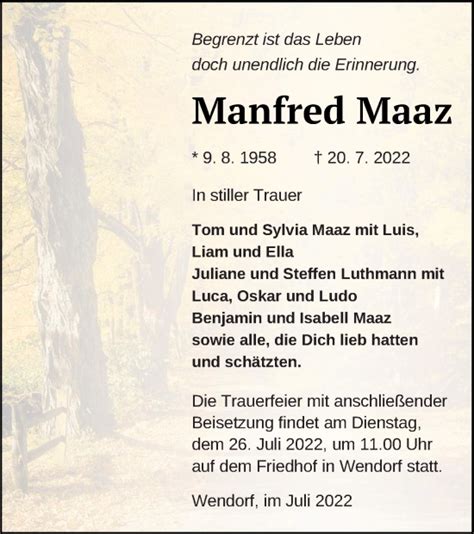 Traueranzeigen Von Manfred Maaz Trauer Nordkurier