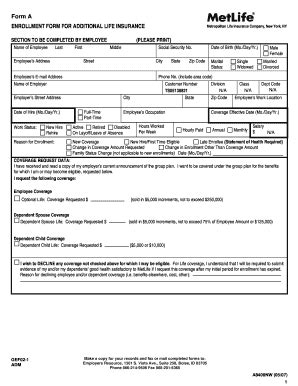 Fillable Online MetLife Enrollment Form Employers Resource Fax Email