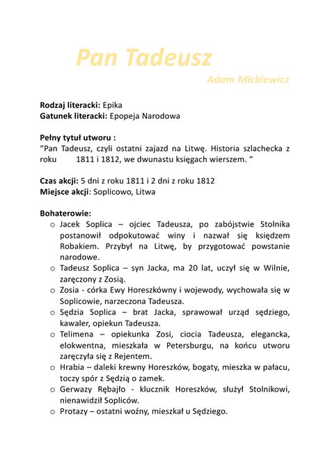 Pan Tadeusz Notatka Pan Tadeusz Adam Mickiewicz Rodzaj Literacki