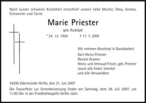 Trauer Und Todesanzeigen Von Marie Priester Trauer De
