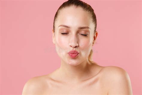 Close Up Blonde Half Naked Woman 20s Perfect Skin Nude Make Up Blue