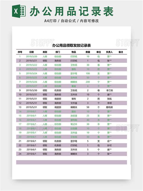 办公用品领取发放记录表模板excel模板 515PPT