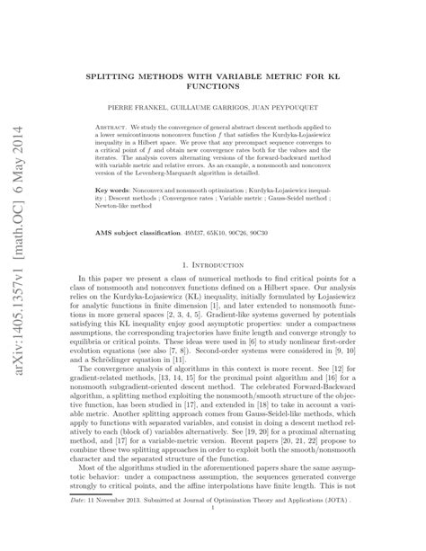 pdf splitting methods with variable metric for kl functions