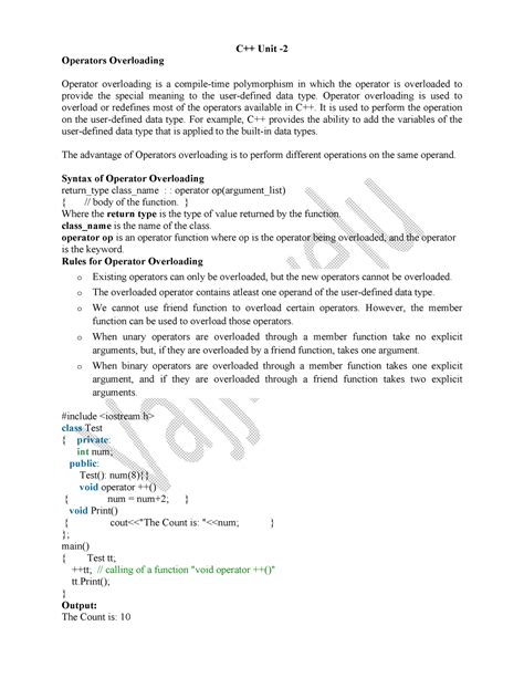 Cpp 2 C Unit Operators Overloading Operator Overloading Is A