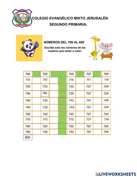 Números del 700 al 800 worksheet School subjects Workbook Teachers