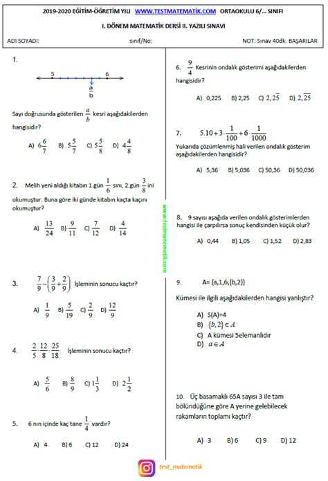 Sinif Matemat K D Nem Yazili Sinavi Test Matematik