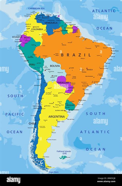 Mapa político de América del Sur con capas claramente etiquetadas y