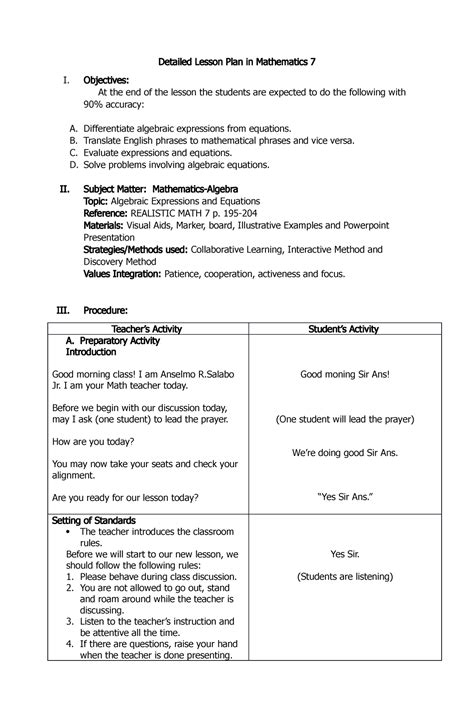 Detailed Lesson Plan In Math 7 Detailed Lesson Plan In Mathematics 7