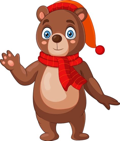 Lindo Oso De Dibujos Animados Con Bufanda Y Sombrero Rojo Vector Premium
