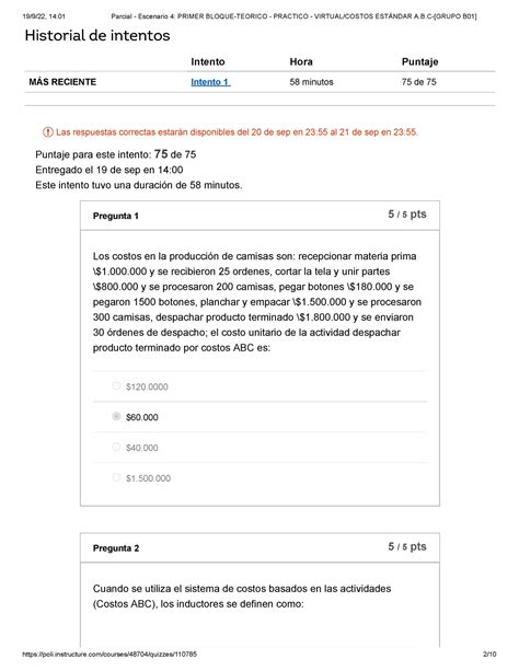 Parcial Escenario 4 Costos Estándar A B C Grupo B01 primer intento