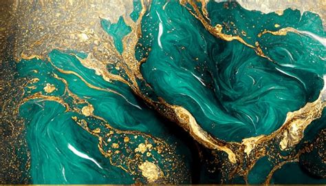 Spectacular Dark Teal And Gold Ink Swirled Around Digital Art D