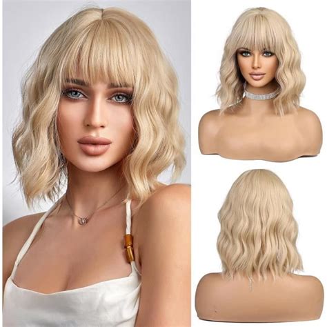 Perruques Blondes Pour Femmes Perruque Courte Ondulée Avec Franges