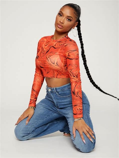 SHEIN SXY Marble Print Sheer Mesh Crop Top Without Bra Mesh Crop Top