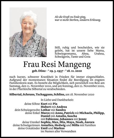Todesanzeigen Von Resi Mangeng Todesanzeigen Vorarlberger Nachrichten