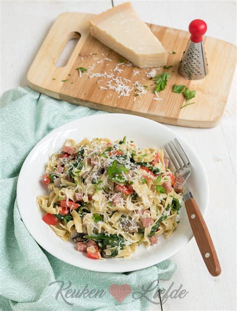 Pasta Met Ham Champignons En Spinazie Keukenliefde