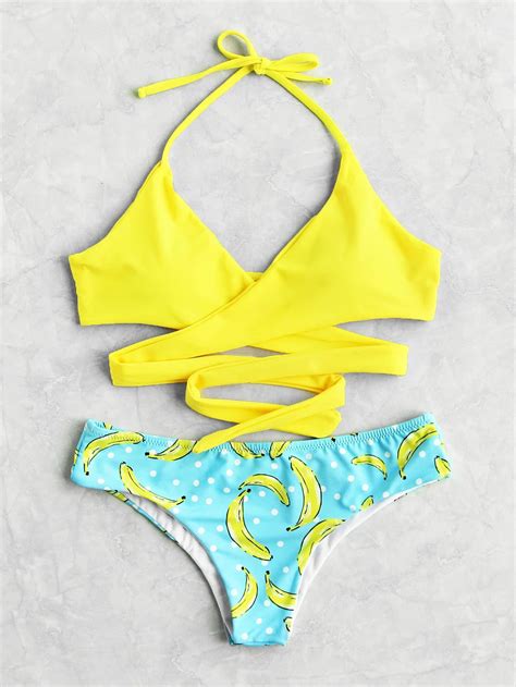 Yellow Banana Polka Dot Print Halter Neck Bikini Set Tie Bikini Set