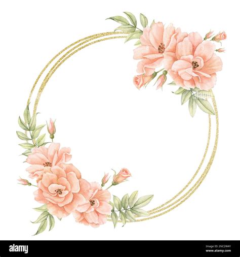 Flores De La Acuarela Con Flores Rosadas Y Marco Circular Dorado