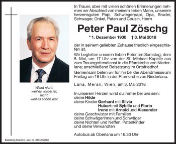 Traueranzeigen von Peter Paul Zöschg Trauer bz