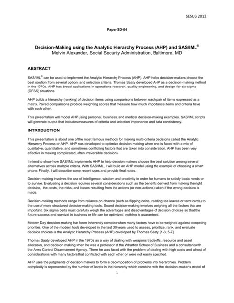 decision making using the analytic hierarchy process ahp and
