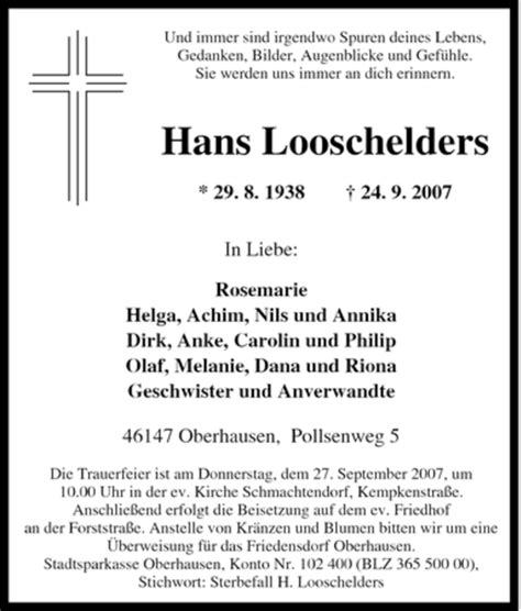 Traueranzeigen Von Hans Looschelders Trauer In NRW De