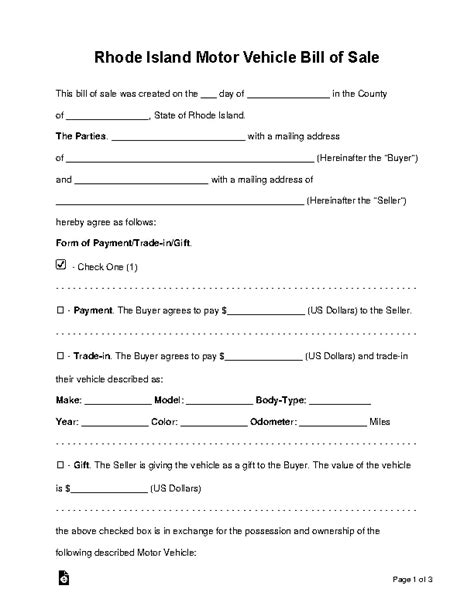 Rhode Island Motor Vehicle Bill Of Sale Template PDFSimpli