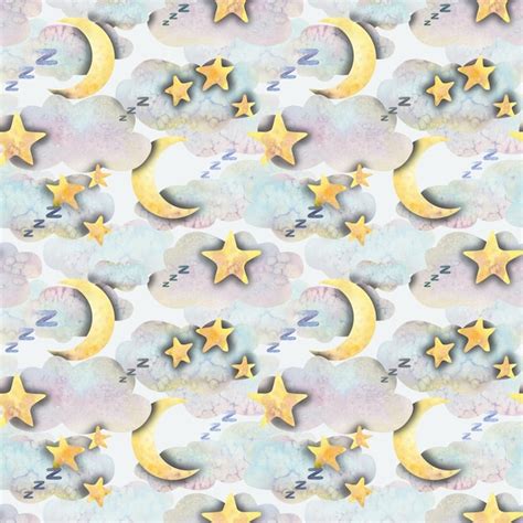 Ilustración acuarela del cielo nocturno con nubes luna y estrellas