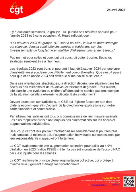 Lire la déclaration CGT au CSE du 24 avril 2024 Cgt tdf fr