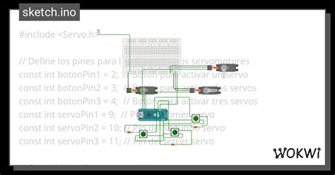 movimiento 3 servos con 3 botones copy wokwi esp32 stm32 arduino simulator