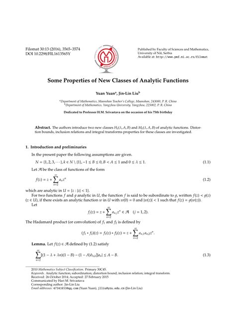 pdf some properties of new classes of analytic functions