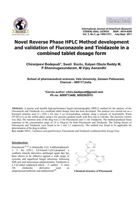 pdf novel reverse phase hplc method development and validation of fluconazole and tinidazole