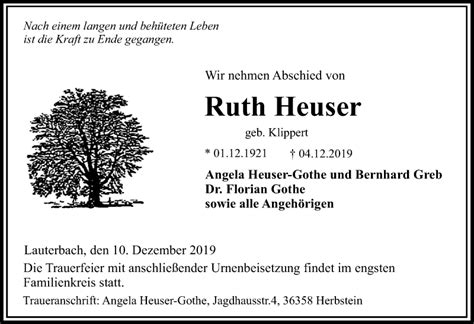Traueranzeigen Von Ruth Heuser Vrm Trauer De
