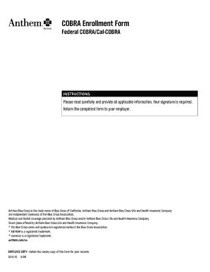 Fillable Online Anthem Blue Cross Cobra Enrollment Form PDF MEBA