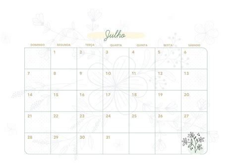 Calendário Mensal 2024 Flores Julho Fazendo a Nossa Festa