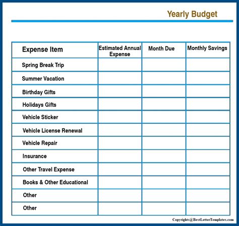 Printable Yearly Budget Planner Template