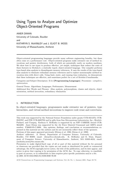 pdf using types to analyze and optimize object oriented programs acm transactions on