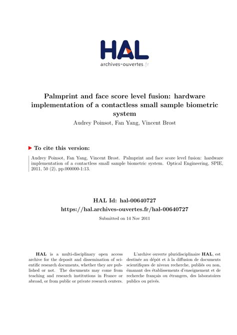 pdf palmprint and face score level fusion hardware implementation of a contactless small