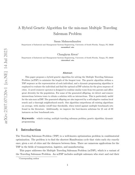pdf a hybrid genetic algorithm for the min max multiple traveling salesman problem