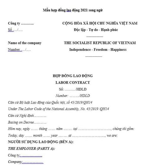 Vietnam Latest Bilingual Labor Contract Form English Vietnamese In