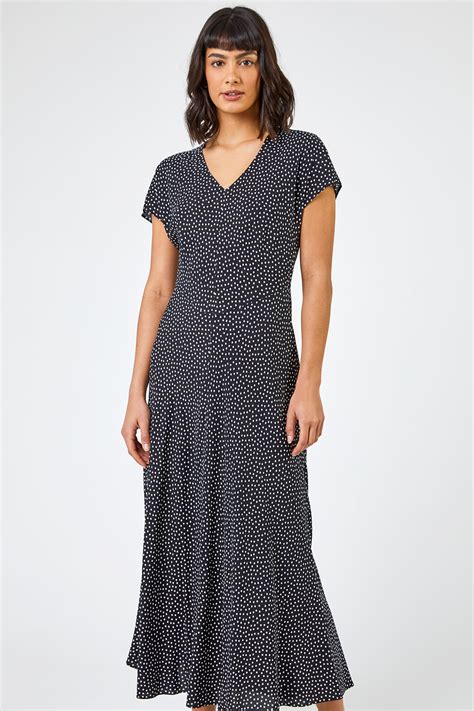 Spot Print Fit Flare Midi Dress In Black Roman Originals Uk
