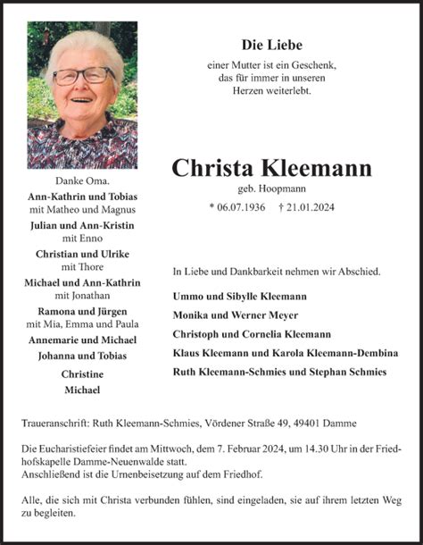Traueranzeigen Von Christa Kleemann Om Trauer De